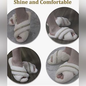 Shoes | Nwt Luxury Fuzzy Crossband Rhinestones Slippers | Poshmark